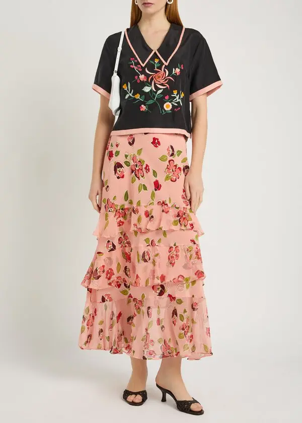 Rixo Floral Ruffled Tiered Silk Chiffon Midi Skirt