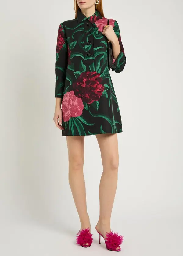 La DoubleJ Artemis Floral Intarsia Mini Shirt Dress