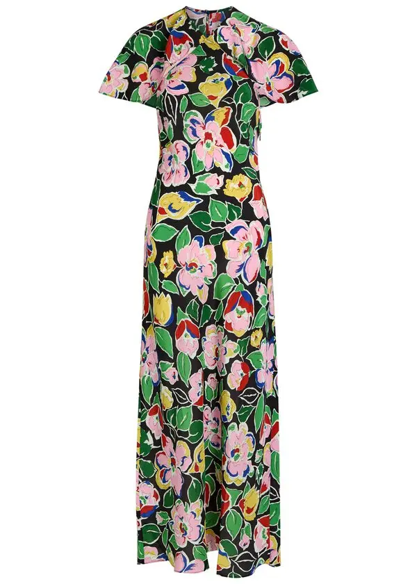 Rixo Aryella Floral Silk Midi Dress - Black