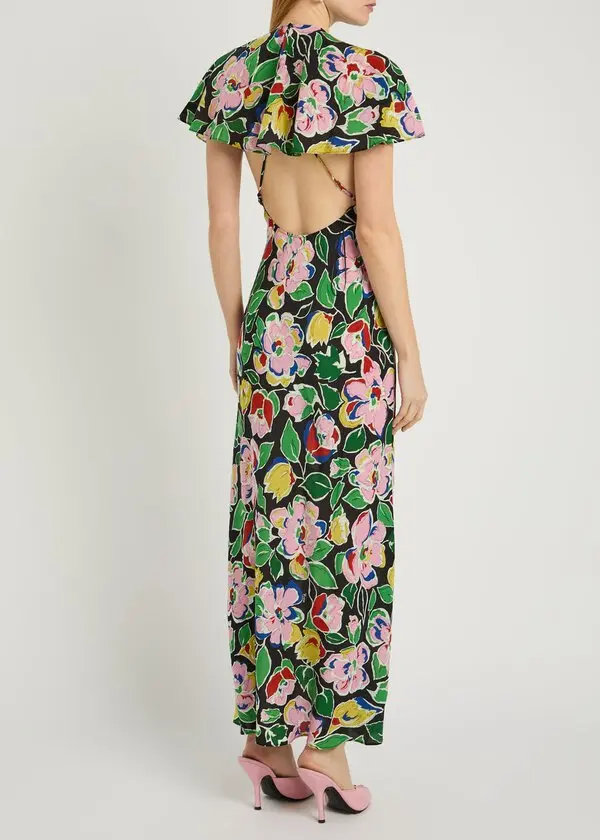 Rixo Aryella Floral Silk Midi Dress - Black