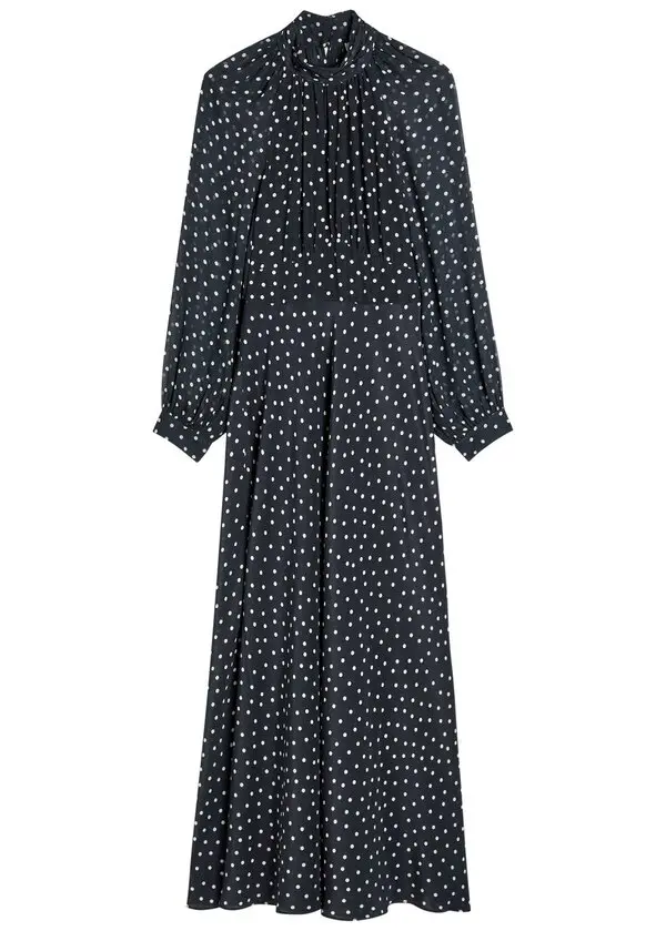 Rixo Paige Polka Dot Silk Midi Dress - Navy