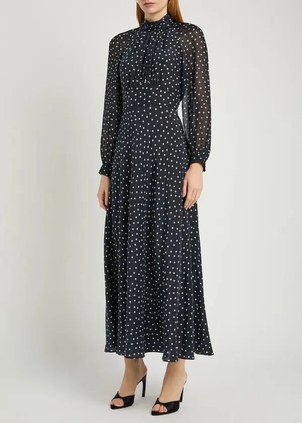 Rixo Paige Polka Dot Silk Midi Dress - Navy