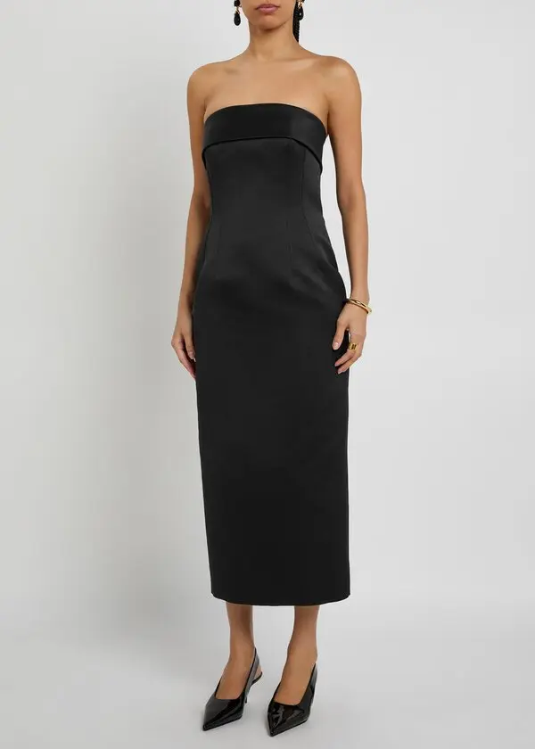 Emilia Wickstead Keeley Strapless Satin Midi Dress - Black | Editorialist