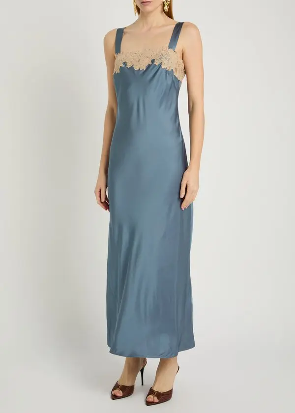 Rixo Lace-Trim Satin Midi Slip Dress - Blue | Editorialist