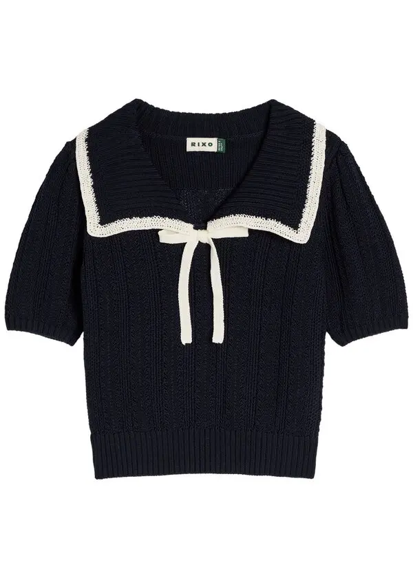 Rixo Pippa Bow-appliquéd Cotton Top - Navy