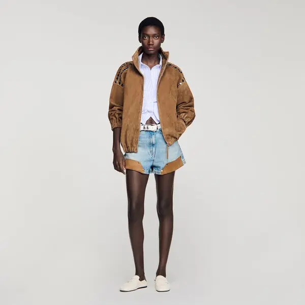 Sandro Studded Suede Jacket - Camel