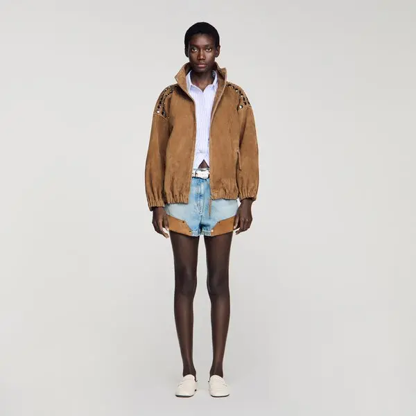 Sandro Studded Suede Jacket - Camel