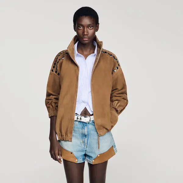 Sandro Studded Suede Jacket - Camel