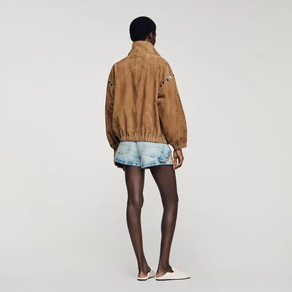 Sandro Studded Suede Jacket - Camel
