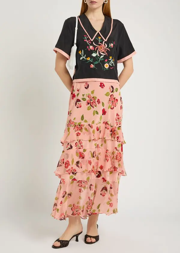 Rixo Nicolina Floral-embroidered Silk Top