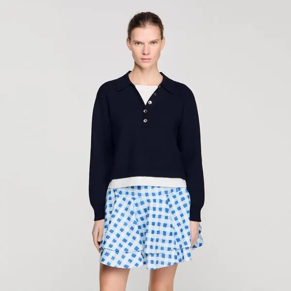 Sandro Metal Button Layered Collar Sweater - Navy Blue