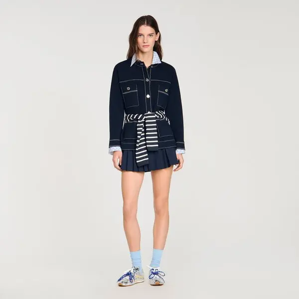 Sandro Contrast Stitch Oversized Cardigan - Navy Blue
