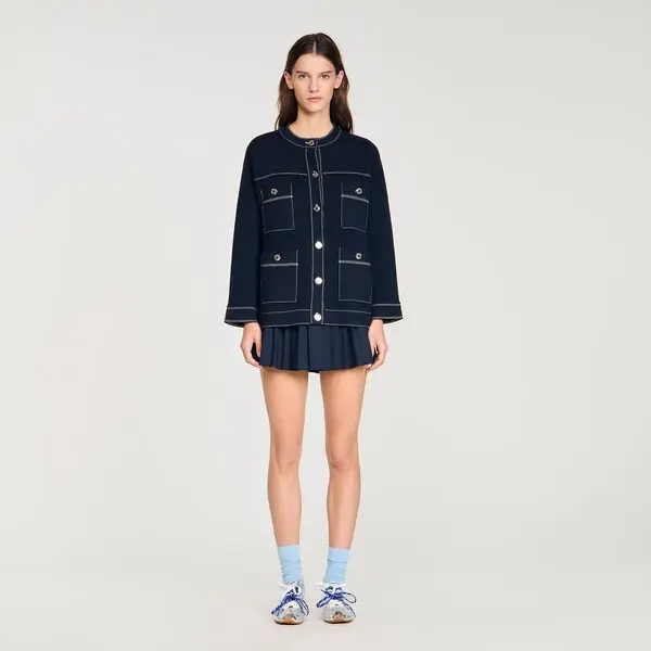 Sandro Contrast Stitch Oversized Cardigan - Navy Blue