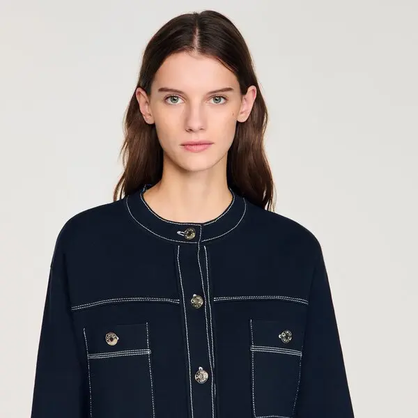 Sandro Contrast Stitch Oversized Cardigan - Navy Blue
