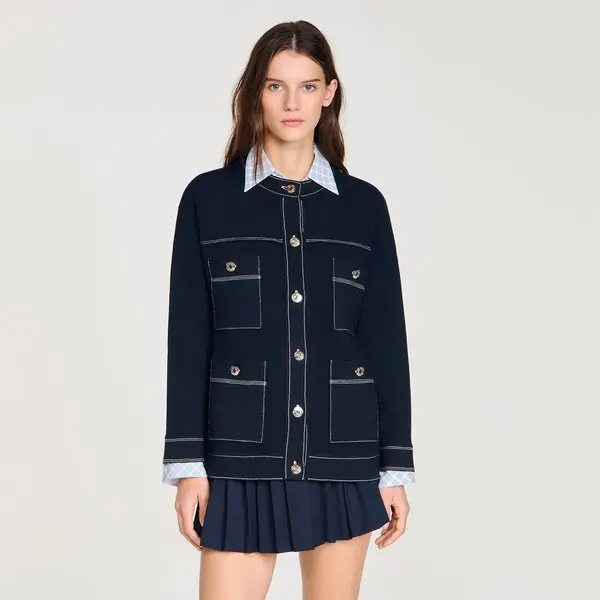 Sandro Contrast Stitch Oversized Cardigan - Navy Blue
