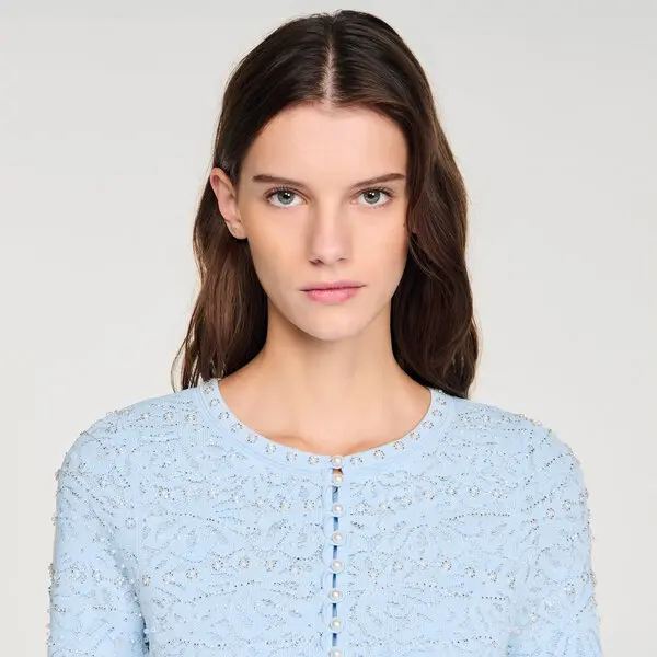 Sandro Cropped Pearled Cardigan - Sky Blue