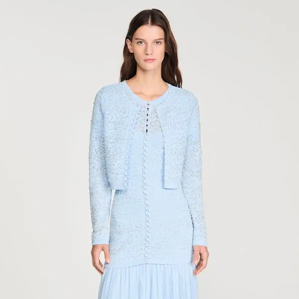Sandro Cropped Pearled Cardigan - Sky Blue