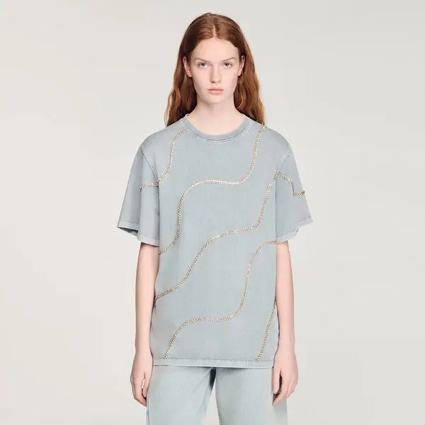 Sandro Rhinestone Embellished T-shirt - Grey