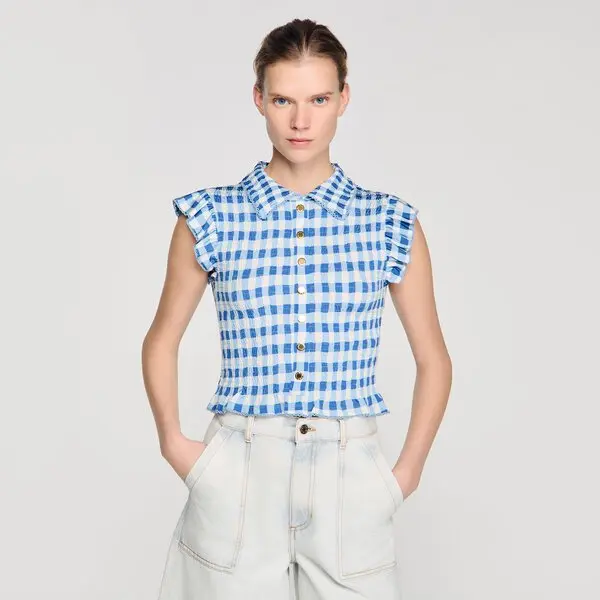 Sandro Gingham Smocked Shirt