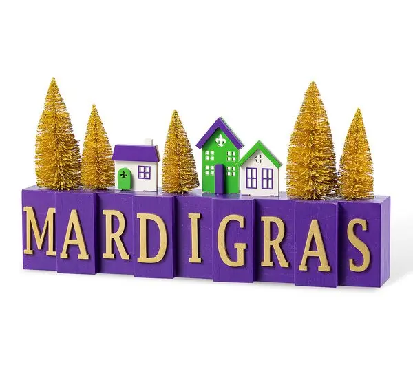 GLITZHOME 14'l Mardi Gras Wooden House/brush Tr Ees Table Decor - One-color
