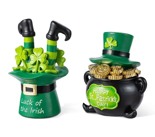 GLITZHOME S/2 St Patrick's Pot Of Gold & Hat Ta Ble Decor - One-color