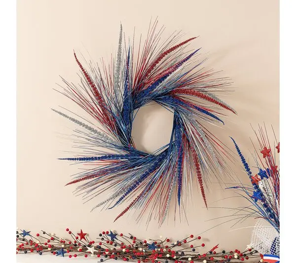 GLITZHOME 24d Patriotic Americana Tinsel And Heather Wreath