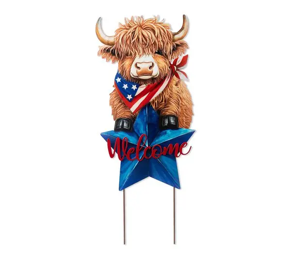 GLITZHOME 30'h Patriotic Americana Highland Cow Garden Stake - One-color