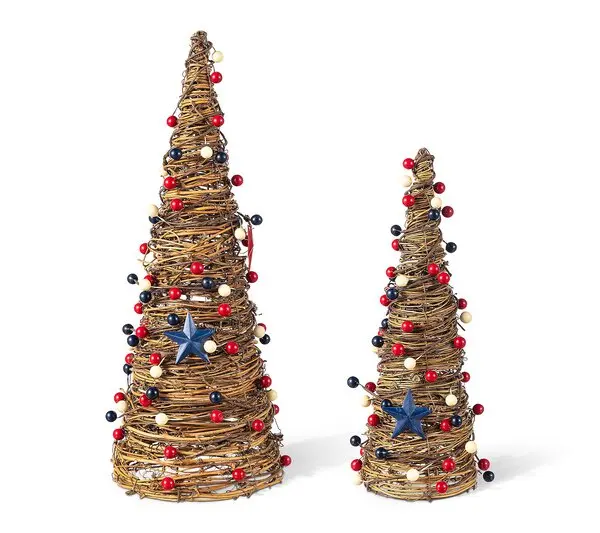 GLITZHOME S/2 Patriotic Americana Stars Berry C One Table Tree - One-color