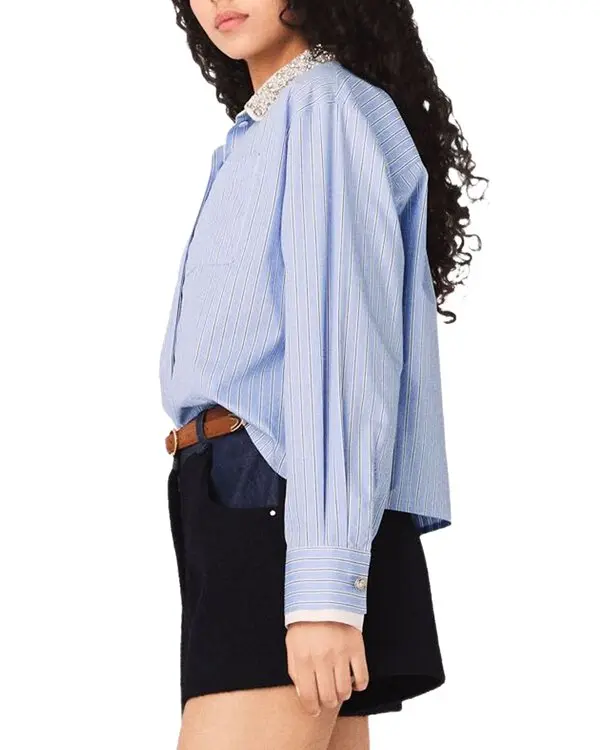 Maje Striped Shirt With Embellished Removable Collar - Blue Sky