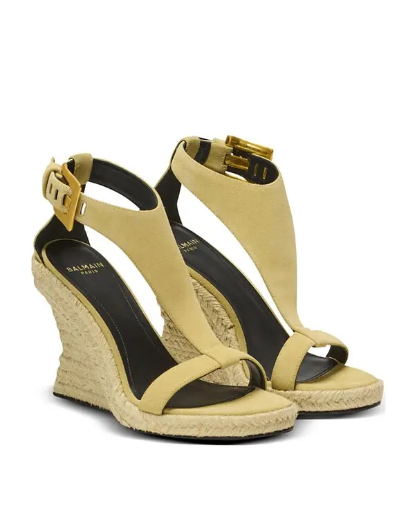 Balmain Suede Anthem Wedge Espadrilles - Beige