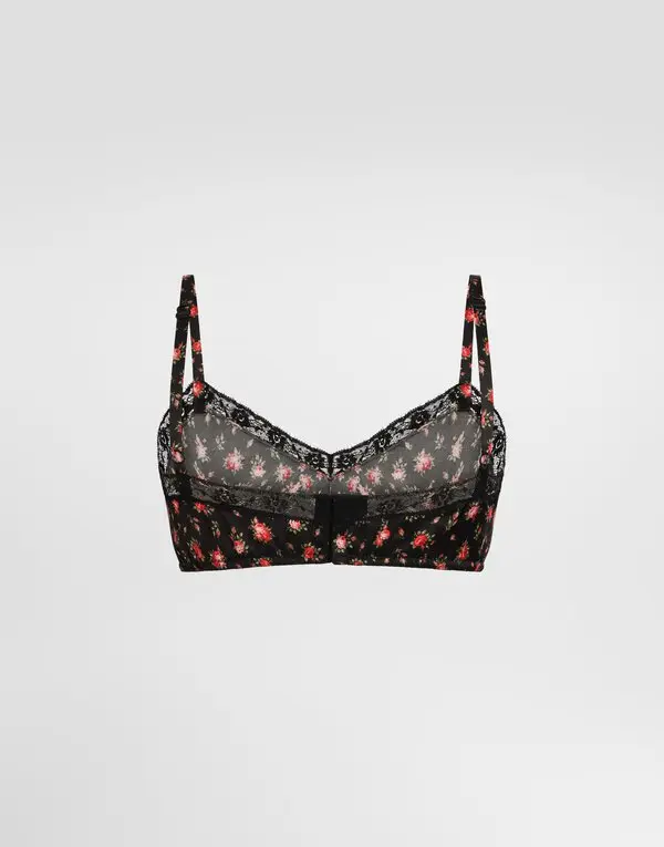 Dolce & Gabbana Small Rose-print Satin And Lace Bra - Multicolor