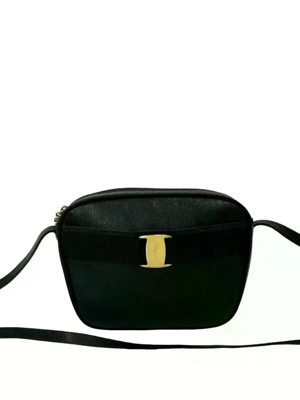 FERRAGAMO Embossed Lizard Leather Vara Crossbody Bag - Black
