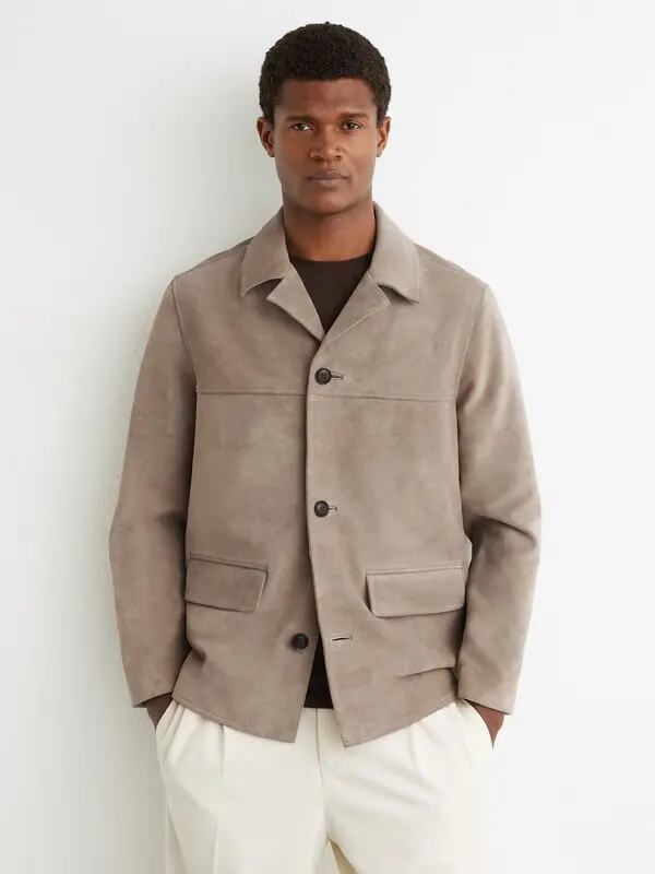 REISS Silvano Suede Heavyweight Overshirt - Soft Grey