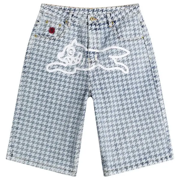 ICECREAM Houndstooth Jorts With Running Dog Motif - Light Blue