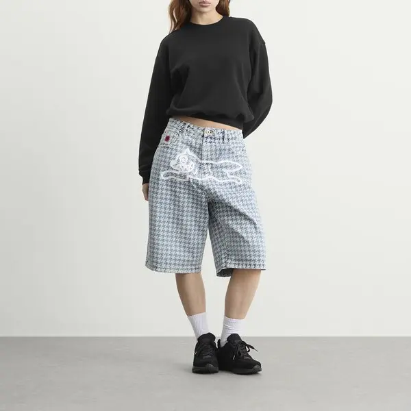 ICECREAM Houndstooth Jorts With Running Dog Motif - Light Blue