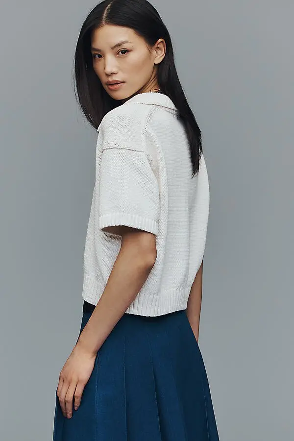 Maeve Collared V-neck Ribbed Sweater - Ivory