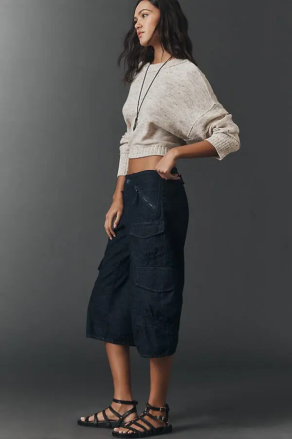 PILCRO Cargo Crop Culotte Jeans - Dark Denim