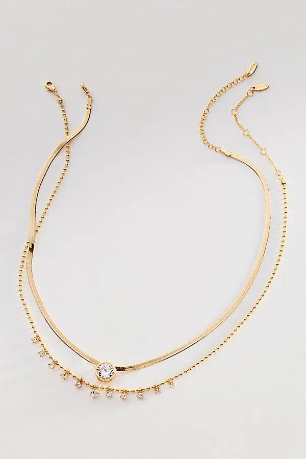 Anthropologie Layered Crystal Herringbone Necklaces Set - Gold