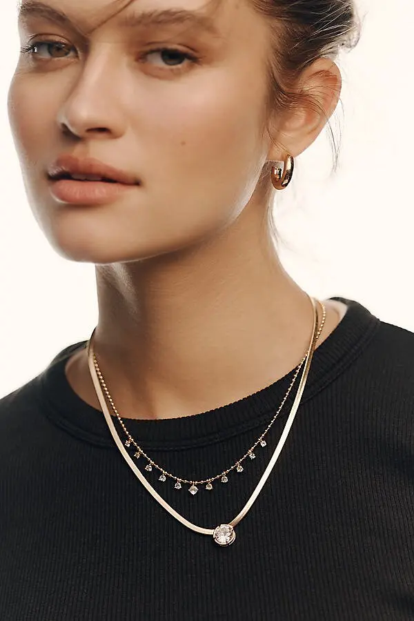 Anthropologie Layered Crystal Herringbone Necklaces Set - Gold