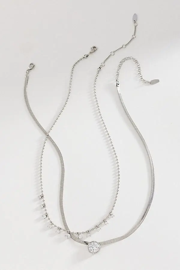 Anthropologie Layered Crystal Herringbone Necklaces Set - Silver