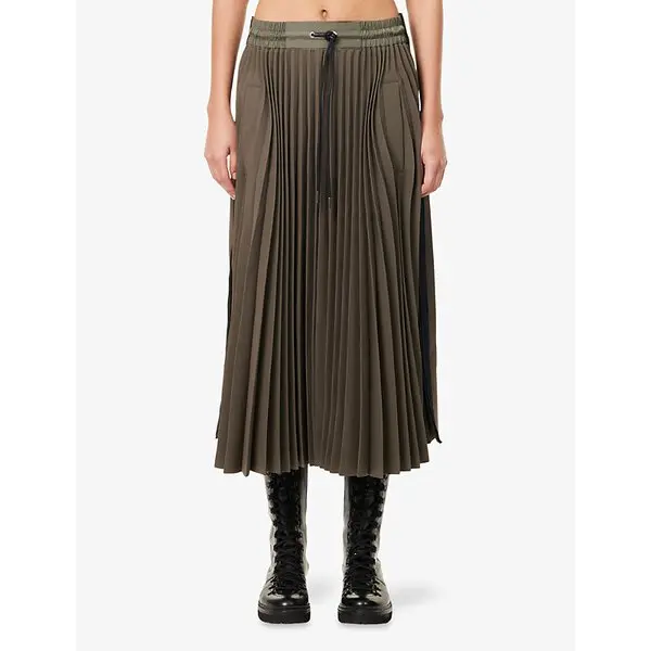 Sacai Pleated Drawstring Woven Midi Skirt