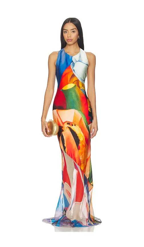 DONDE ESTEBAN Salpicon Long Silk Dress In Orange,blue - Multi
