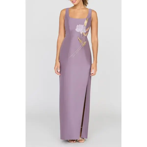 KAY UNGER Paloma Beaded Floral Sheath Gown - Heather