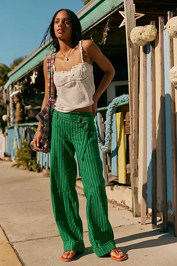 Free People Pinstriped Wide Leg Trousers - Kelly Combo