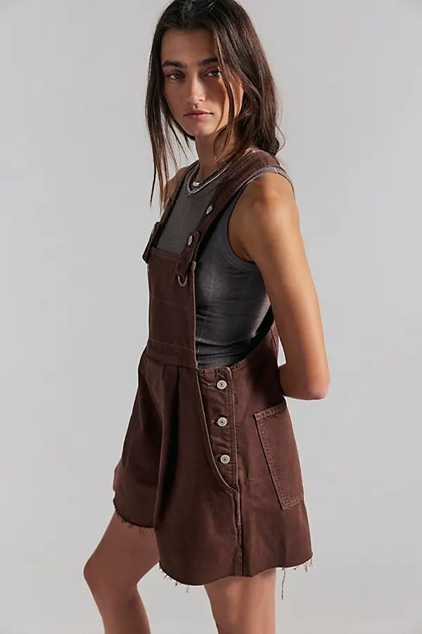 Free People We The Free Rambler Denim Shortalls - Hot Chocolate