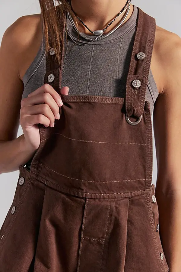 Free People We The Free Rambler Denim Shortalls - Hot Chocolate