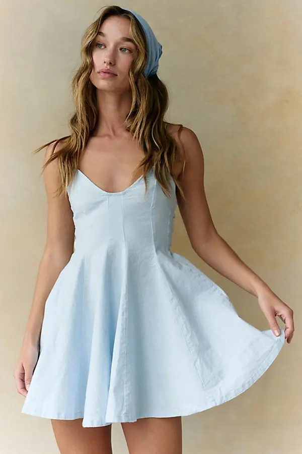 Free People Stretch Linen Mini Dress - Ice Water