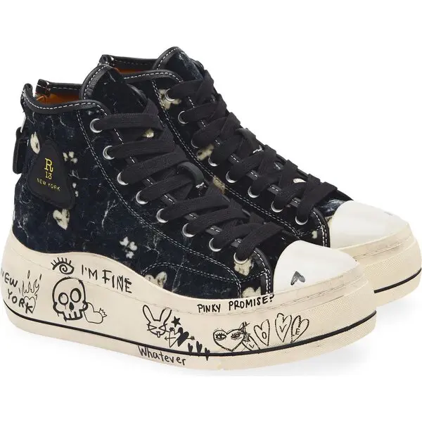 R13 Kurt Platform High-top Sneakers - Hearts On Black Graffiti