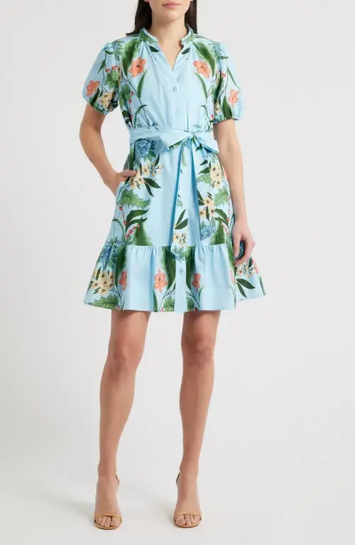 Julia Jordan Printed Puff Sleeve Tie Waist Dress - Blue Multi