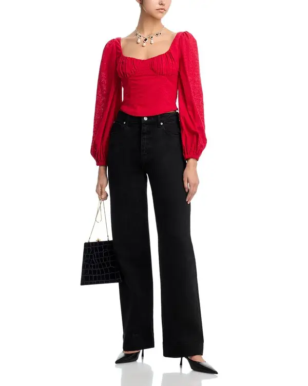 Aqua Embroidered Puff-sleeve Blouse
